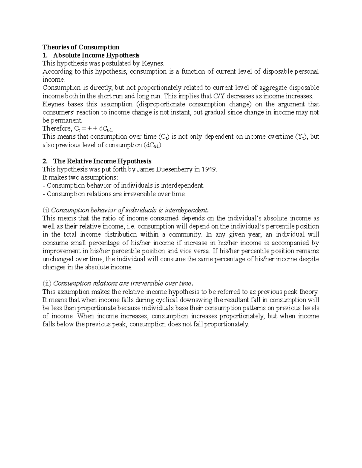 Theories of Consumption - Theories of Consumption Absolute Income ...