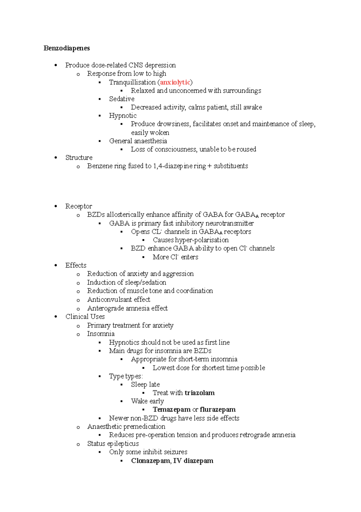 Benzodiazepines notes - Benzodiapenes Produce dose-related CNS ...