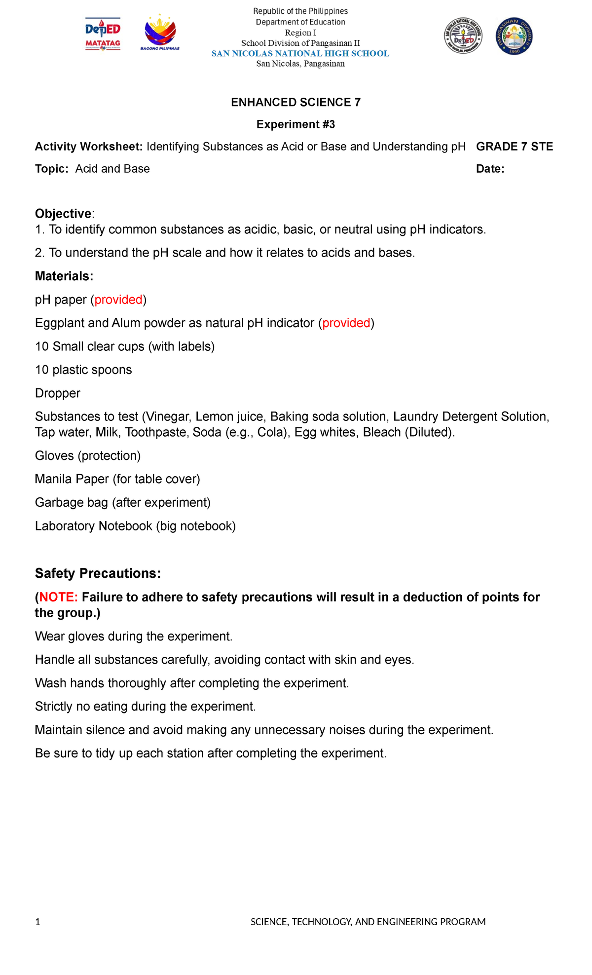 ACID AND BASE - Laboratory Worksheet - Experiment 3 - STE 7 Enhanced Science September 3, 2024 ...