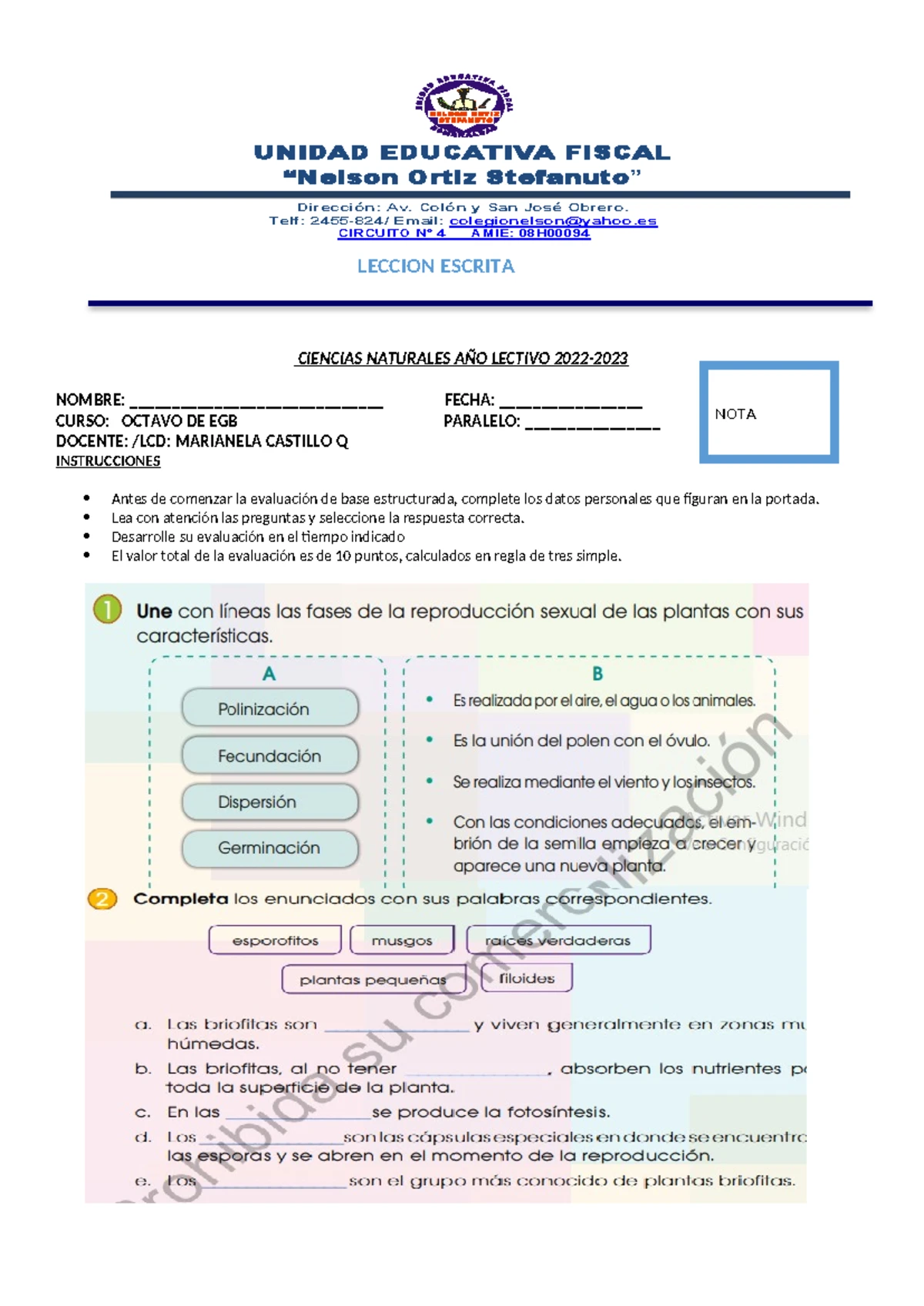 Leccion Escrita DE Ciencias Naturales DE 8VO A,B,C Segundo Parcial ...