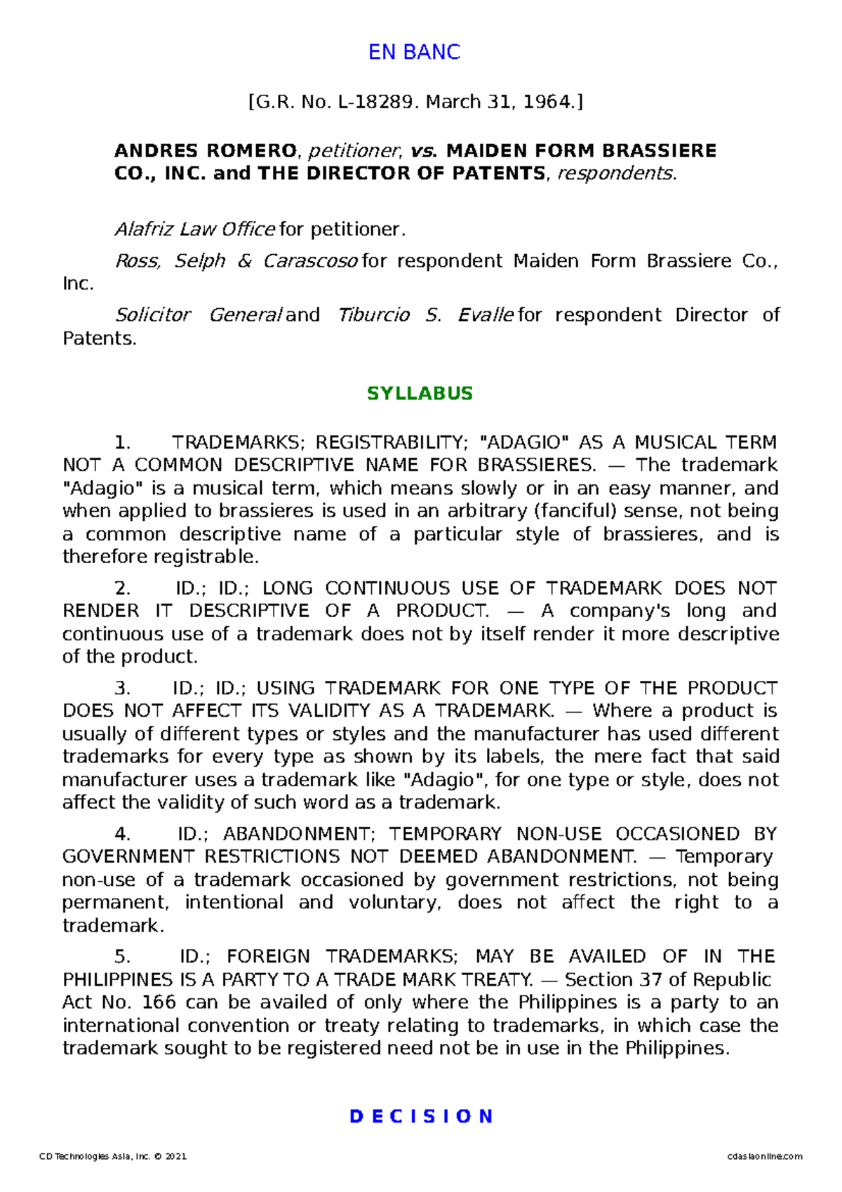 A3. G.R. No. L-18289 - Romero v. Maiden Form Brassiere Co., Inc - EN ...