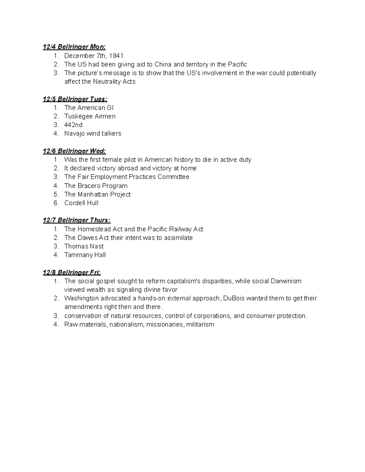 12 4-12 8 US History Bellringers - Google Docs - 12/4 Bellringer Mon: 1 ...