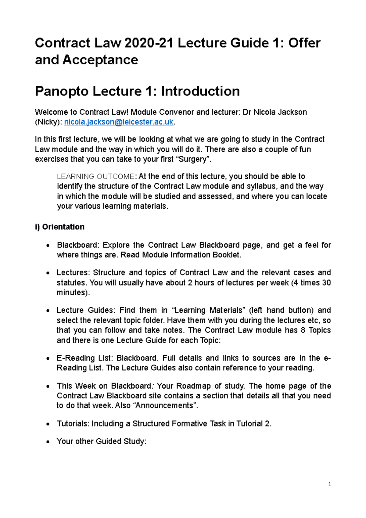 Contract Law 2020-21 Offer and Acceptance - Contract Law 2020-21 Lecture Guide 1: Offer and ...