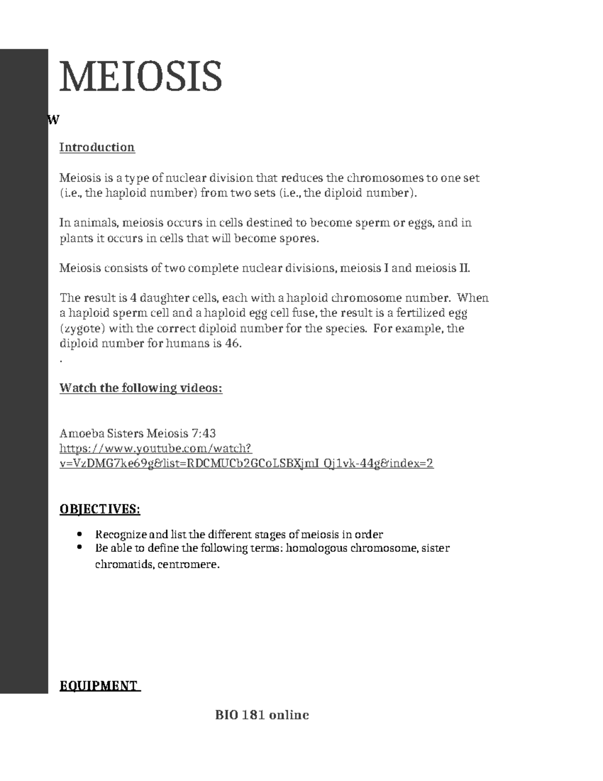 UNIT10 online formatted Meiosis-1-2 - MEIOSIS W Introduction Meiosis is ...