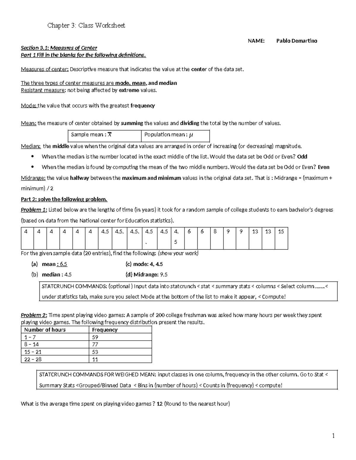 Stat Worksheet Ch3 ACC - aaaa - NAME: Pablo Demartino Section 3 ...