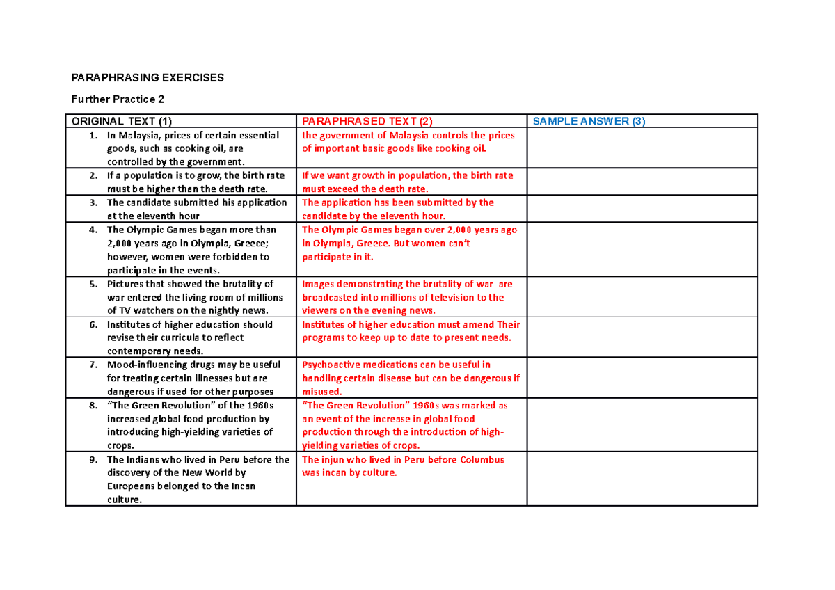 More Paraphrasing Exercises - PARAPHRASING EXERCISES Further Practice 2 ...