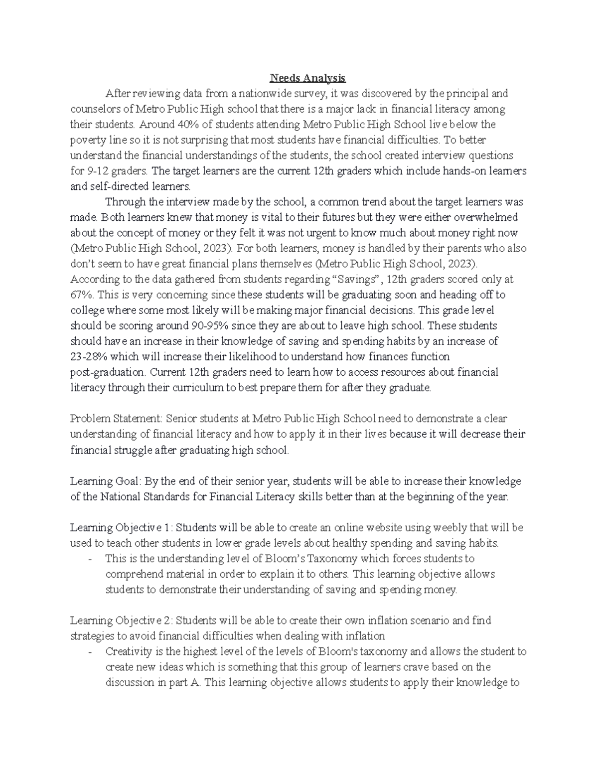 Task 2 - Needs Analysis - Task 2 - Needs Analysis After reviewing data from a nationwide survey ...