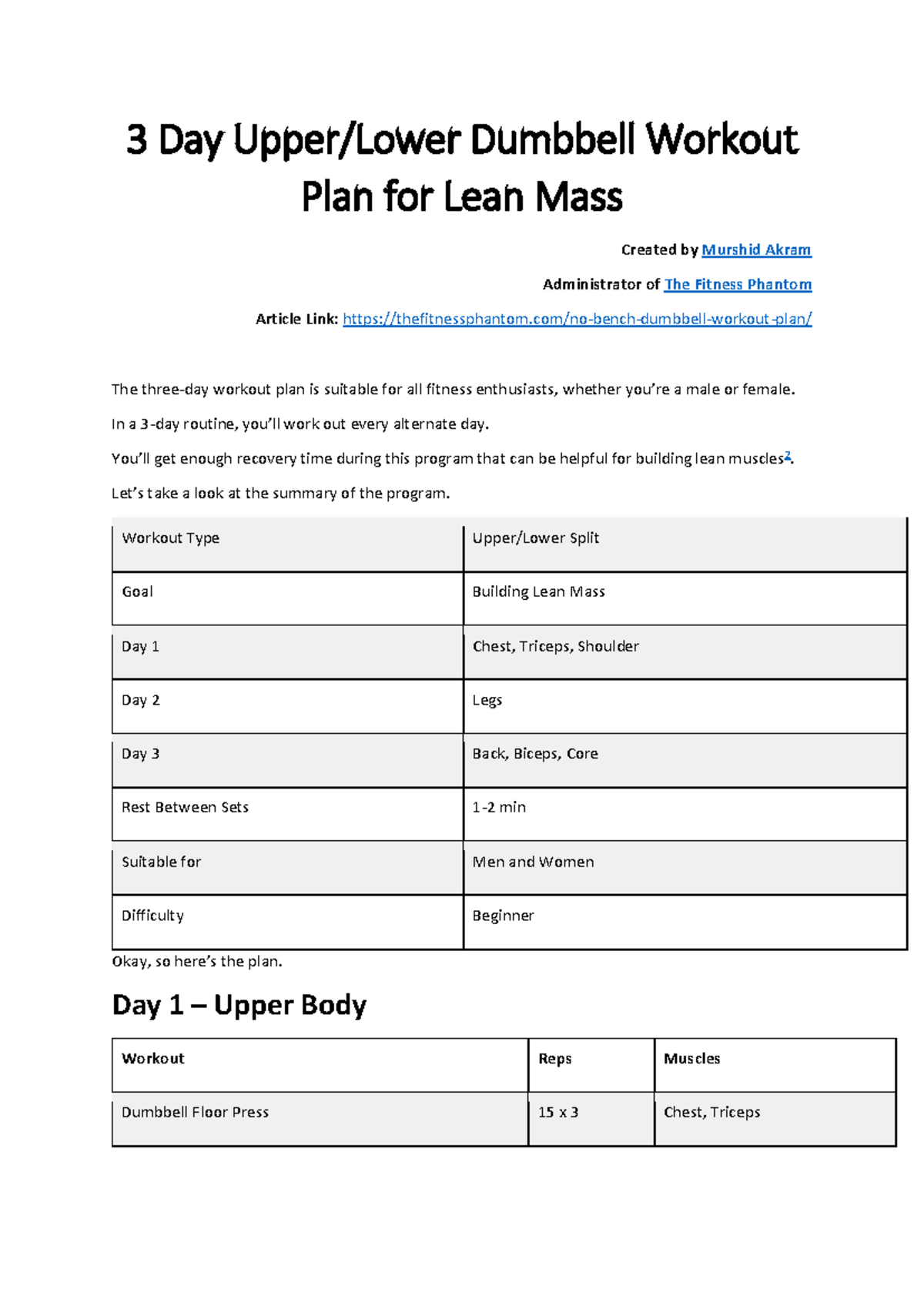 3 Day Upper Lower Dumbbell Workout Plan for Lean Mass - 3 Day Upper ...