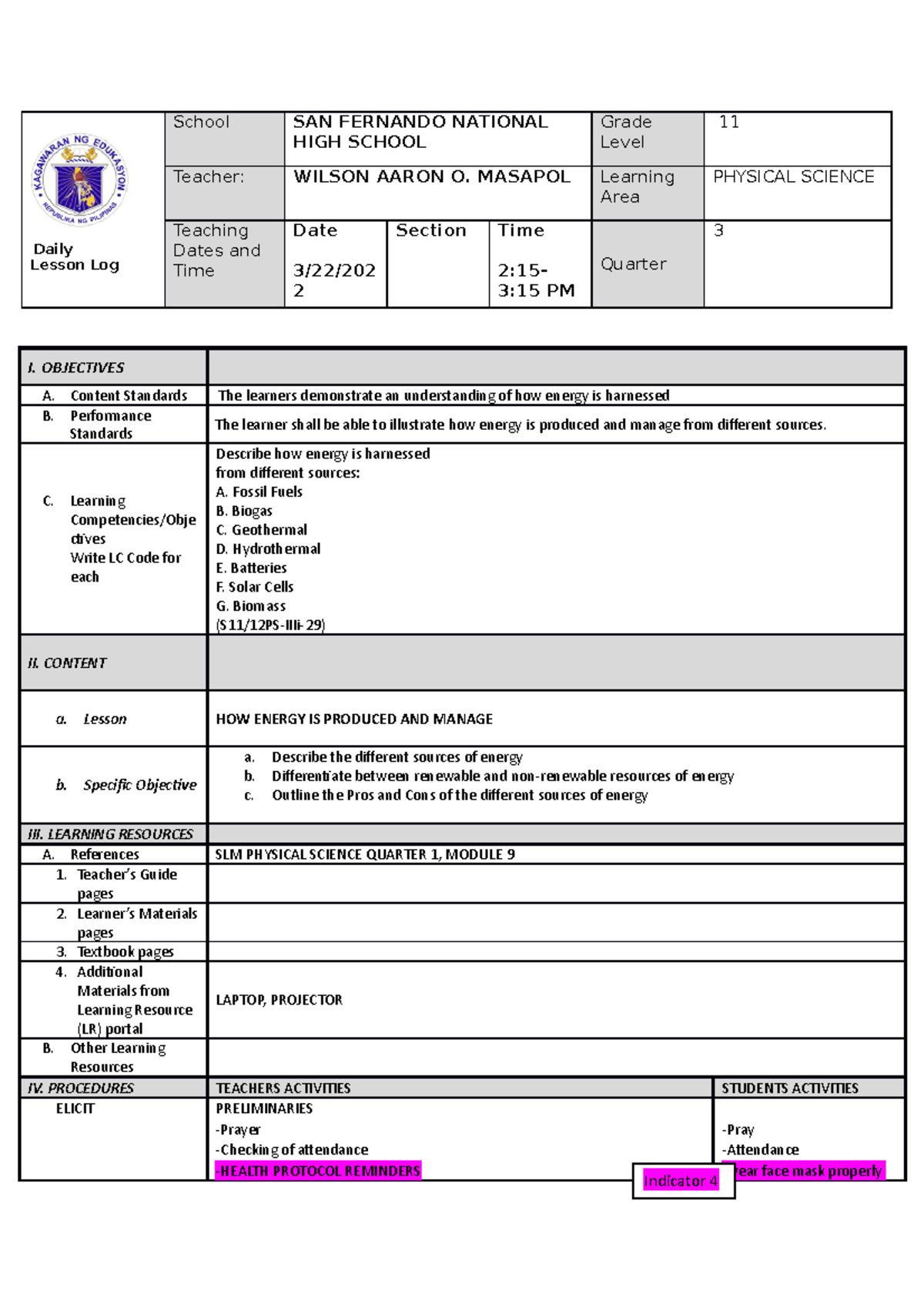 DLL - DLL - Daily Lesson Log School SAN FERNANDO NATIONAL HIGH SCHOOL ...