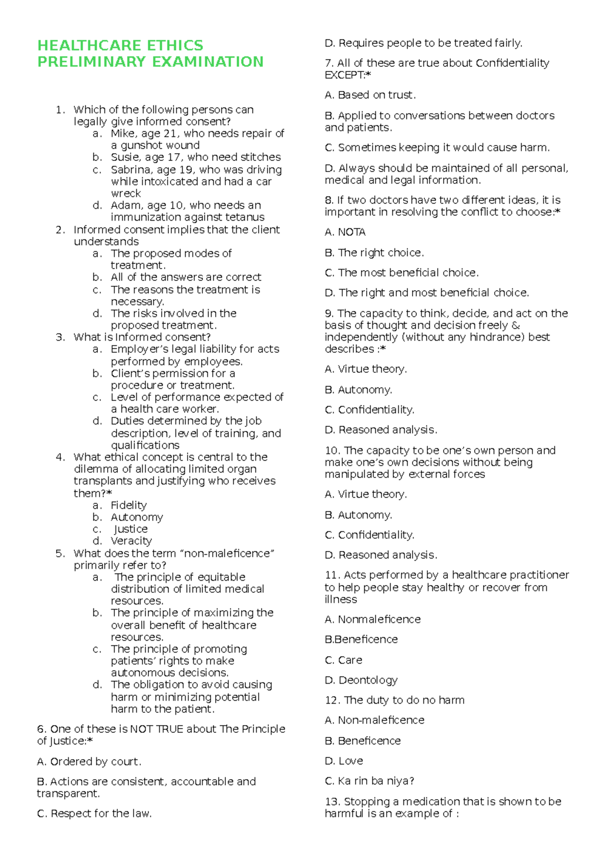 Healthcare Ethics EXAM - HEALTHCARE ETHICS PRELIMINARY EXAMINATION 1 ...