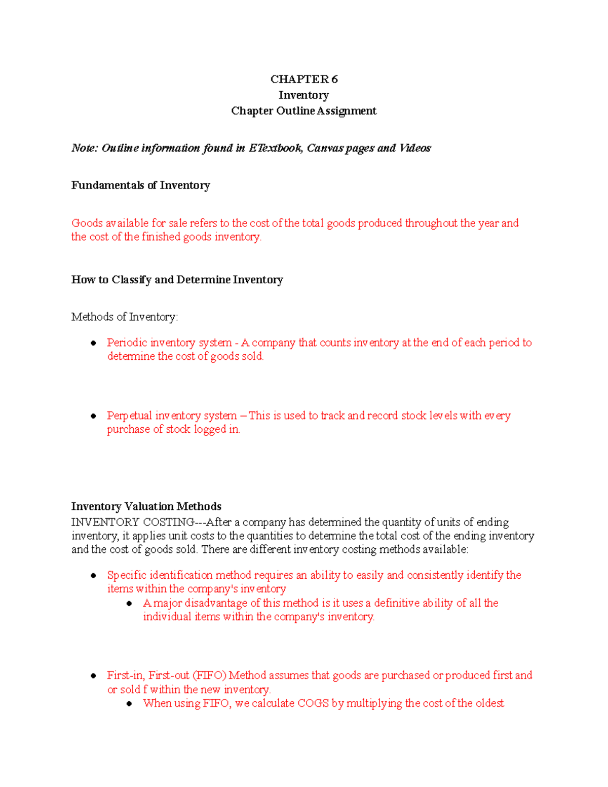 Chapter 6 - Outline Assignment - CHAPTER 6 Inventory Chapter Outline Assignment Note: Outline ...