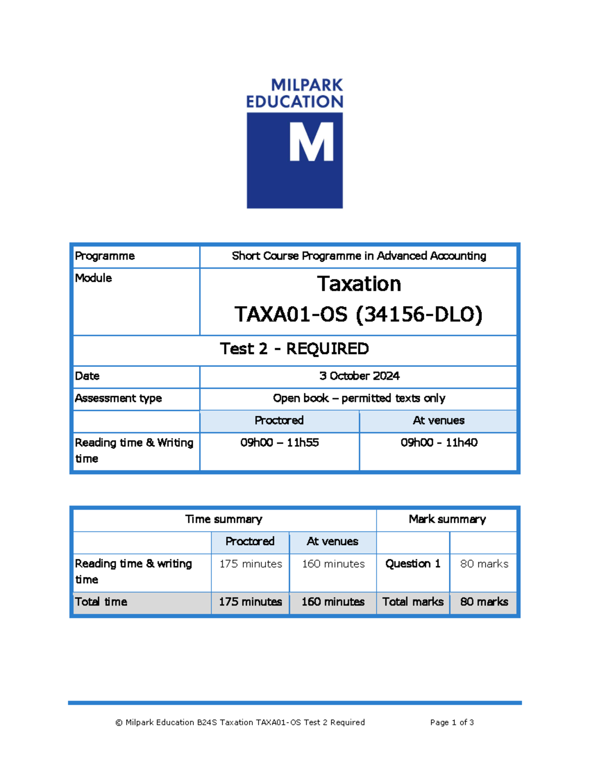 TAXA B24S Test 2 Required only - © Milpark Education B24S Taxation ...