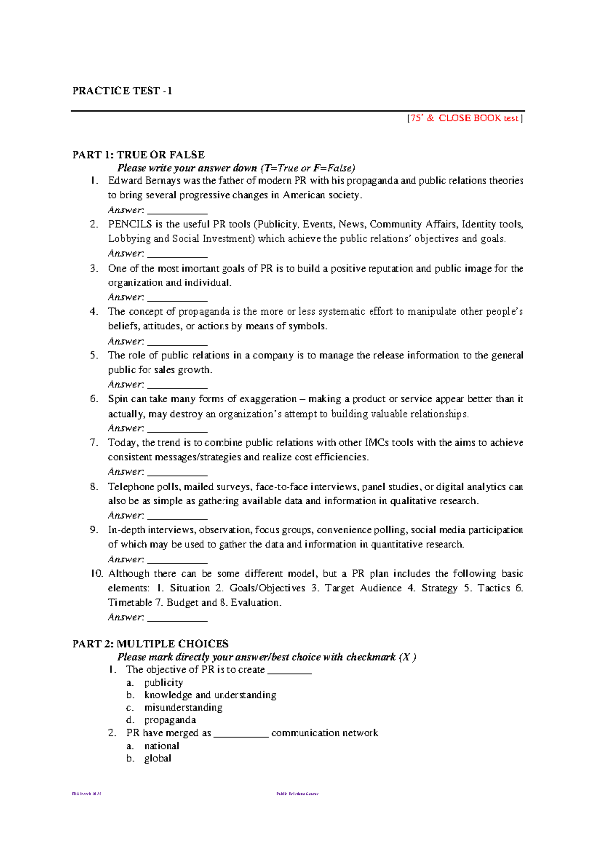 PR - Practice TEST FOR Midterm - PRACTICE TEST - 1 [ 75 ’ & CLOSE BOOK ...