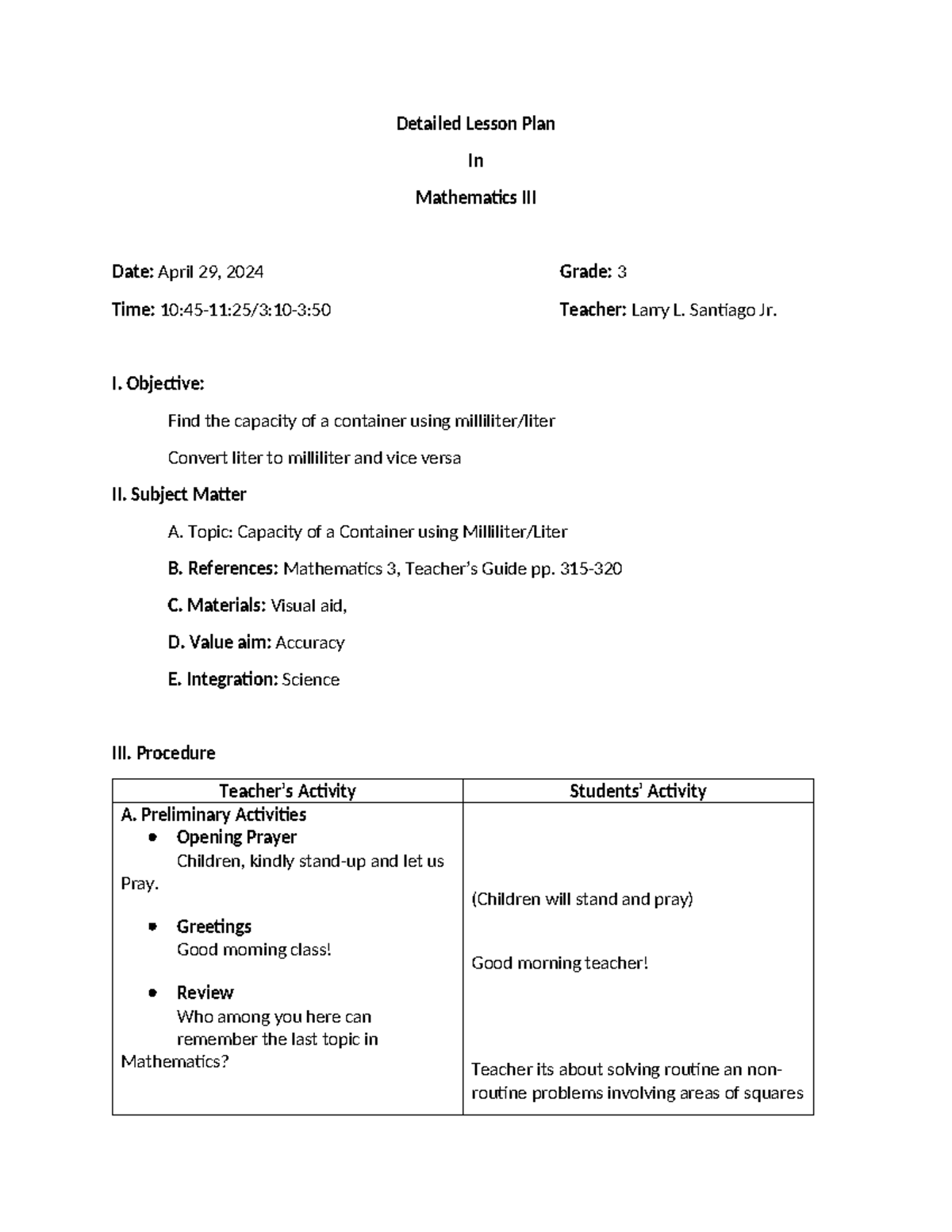 Capacity of a container using Milliliter/Liter - Detailed Lesson Plan ...