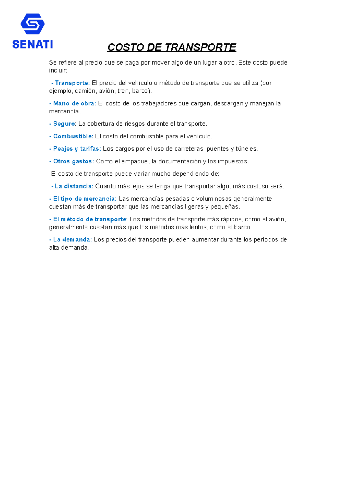 Costo DE Transporte - Ndndns - COSTO DE TRANSPORTE Se refiere al precio ...