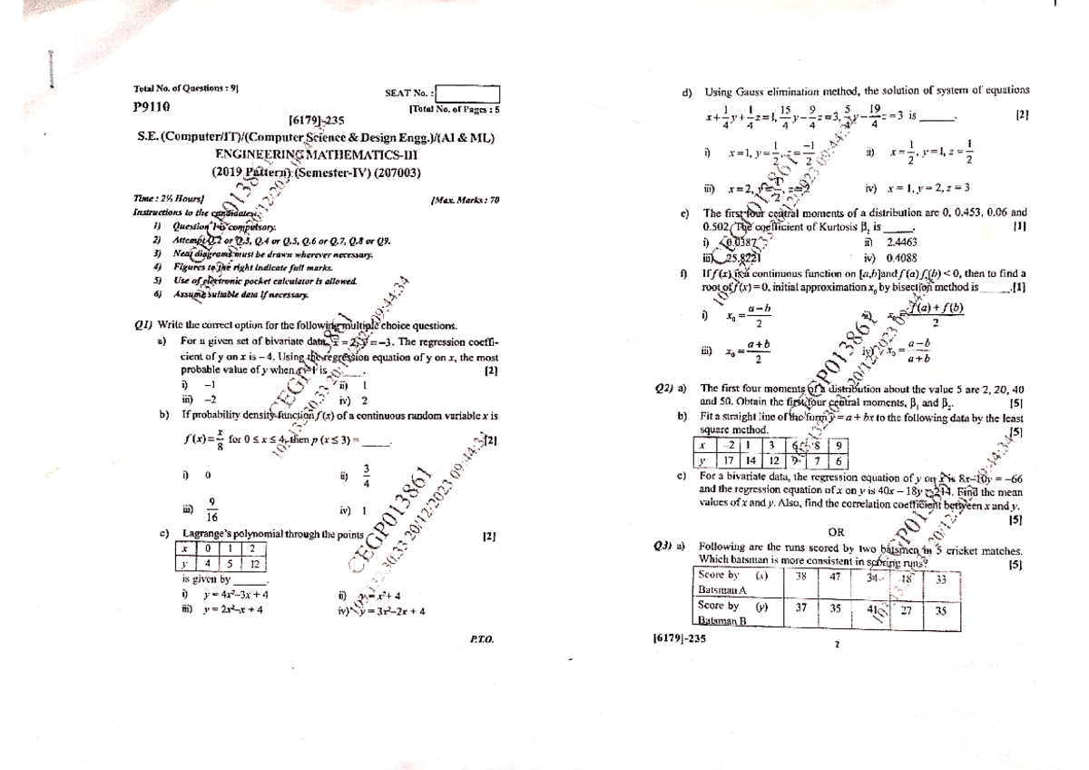 M3 DEC 23 END SEM QP - ewrewafwesfd - Computer Engineering - Studocu