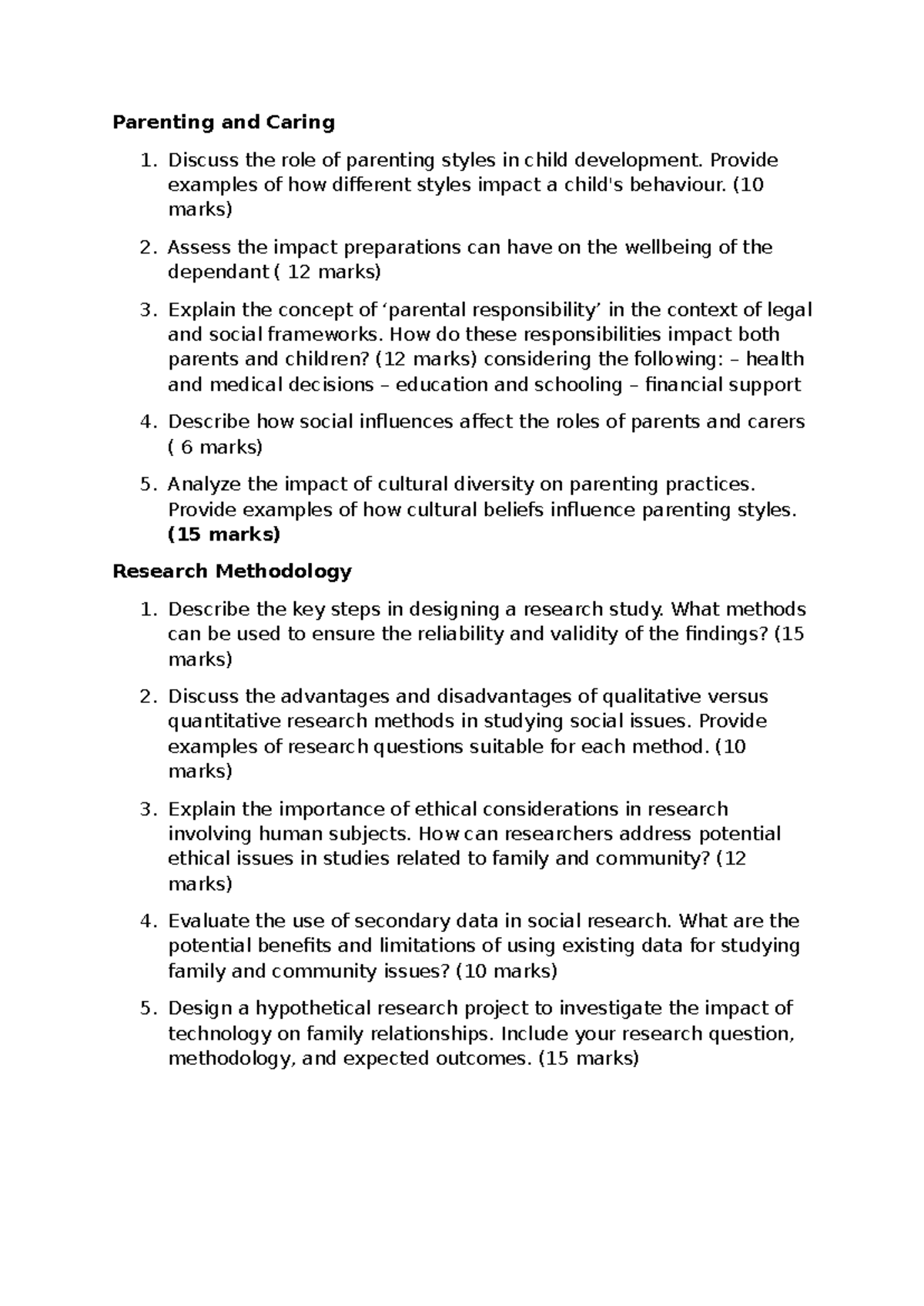 Key questions hsc - Parenting and Caring 1. Discuss the role of ...