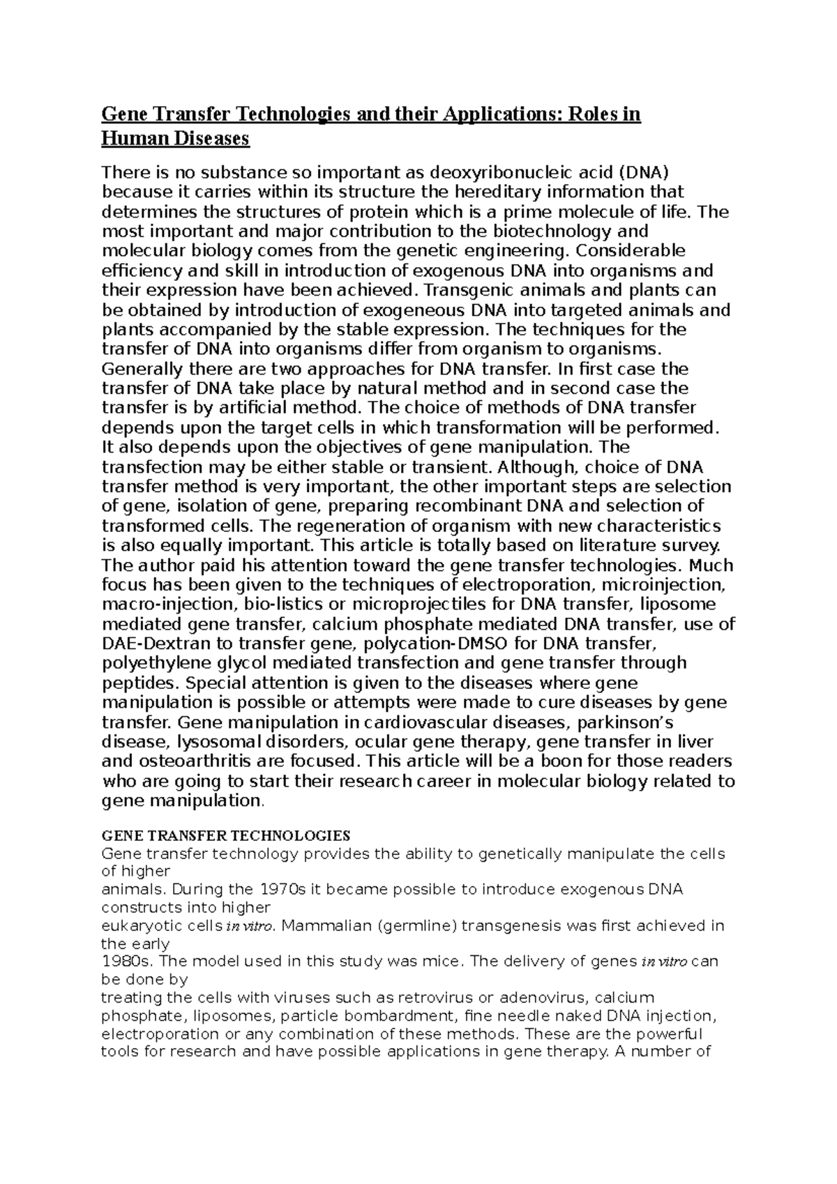 Gene Transfer Technologies and their Applications - The most important ...