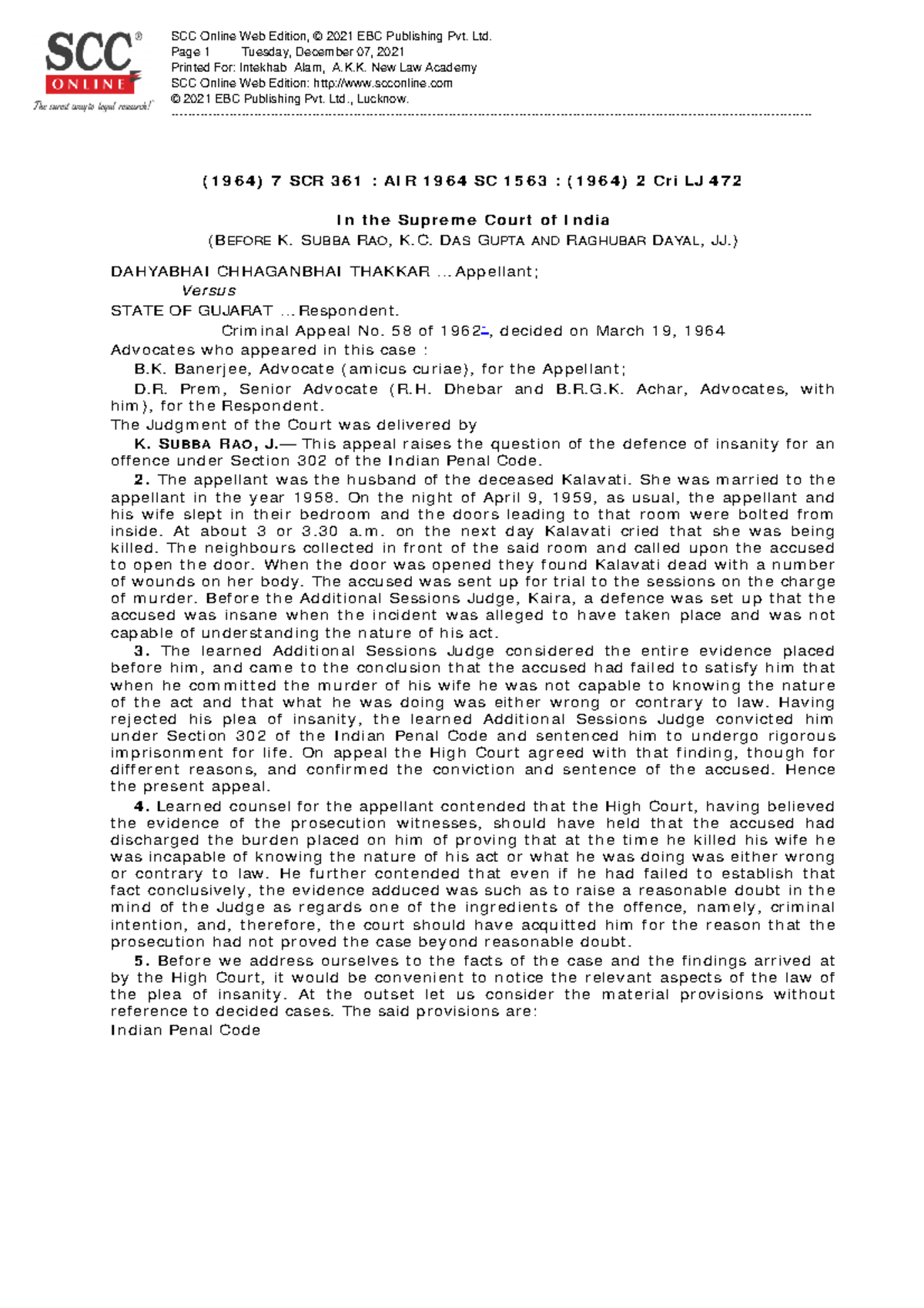 Dahyabhai Chhaganbhai Thakkar VS State OF Gujarat - (1964) 7 SCR 361 ...