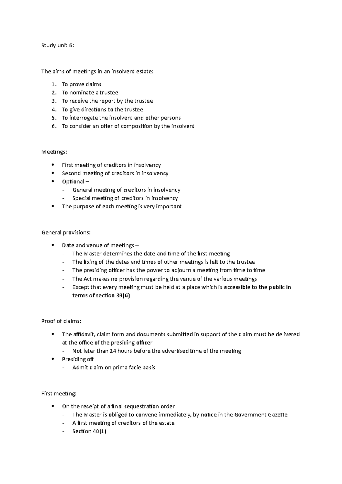 Study unit 6 - Law of Insolvency lecture notes - Study unit 6: The aims ...