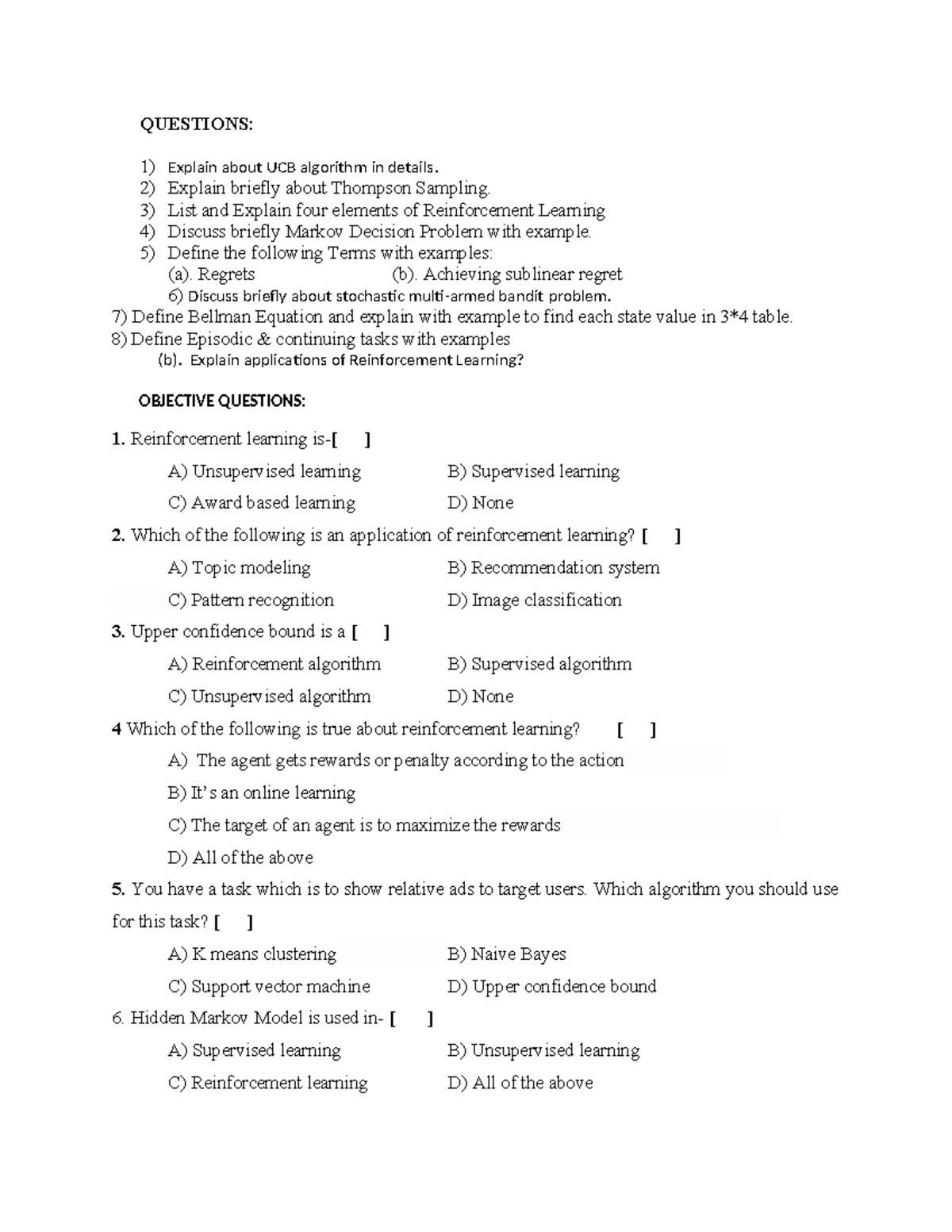 RL Question BANK - Mid 1 qs r18 4-1 - QUESTIONS: 1) Explain about UCB ...