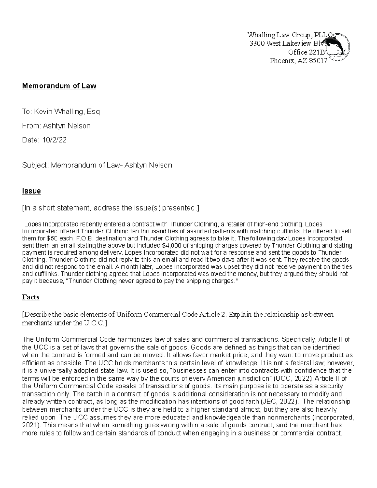 Civil law memorandum of law - Whalling Law Group, PLLC 3300 West ...