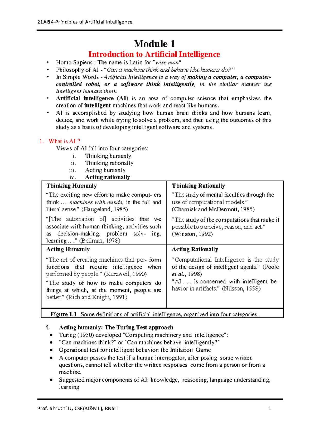 PAI Module 1 - MOD 1 AI - V SEM - Module 1 Introduction to Artificial Intelligence Homo Sapiens ...