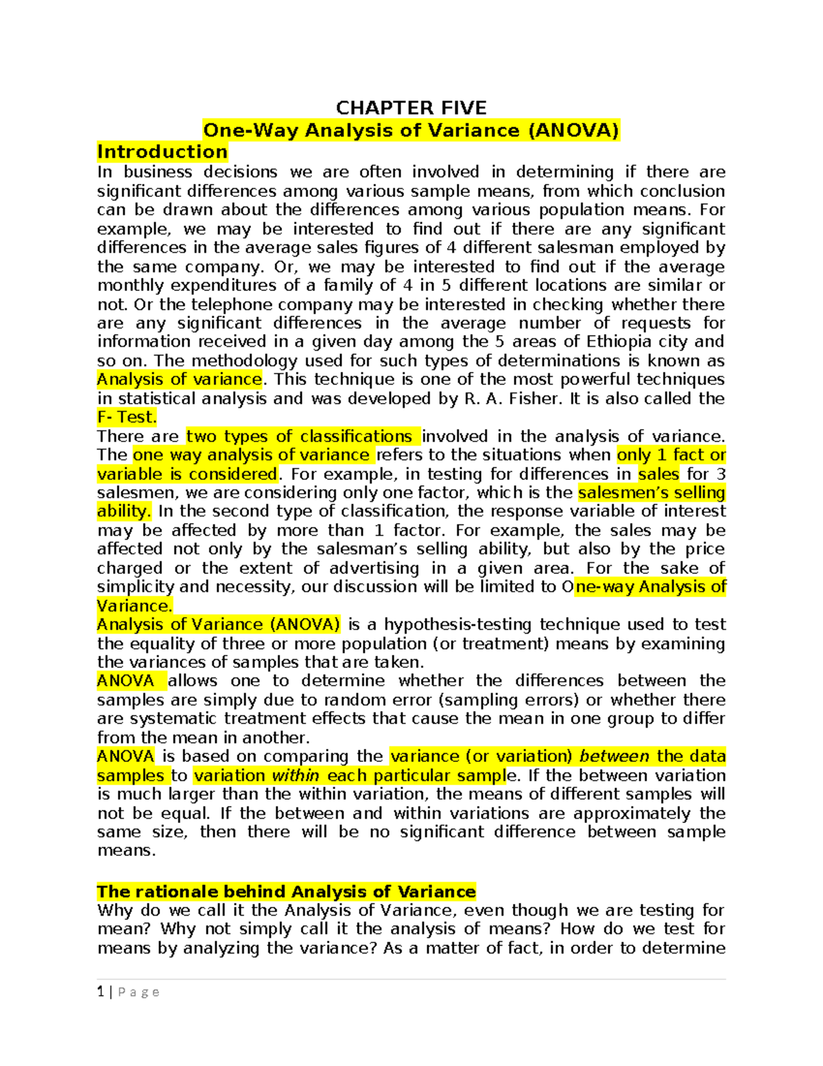 CH V Anova - Clear notes with example - CHAPTER FIVE One-Way Analysis ...