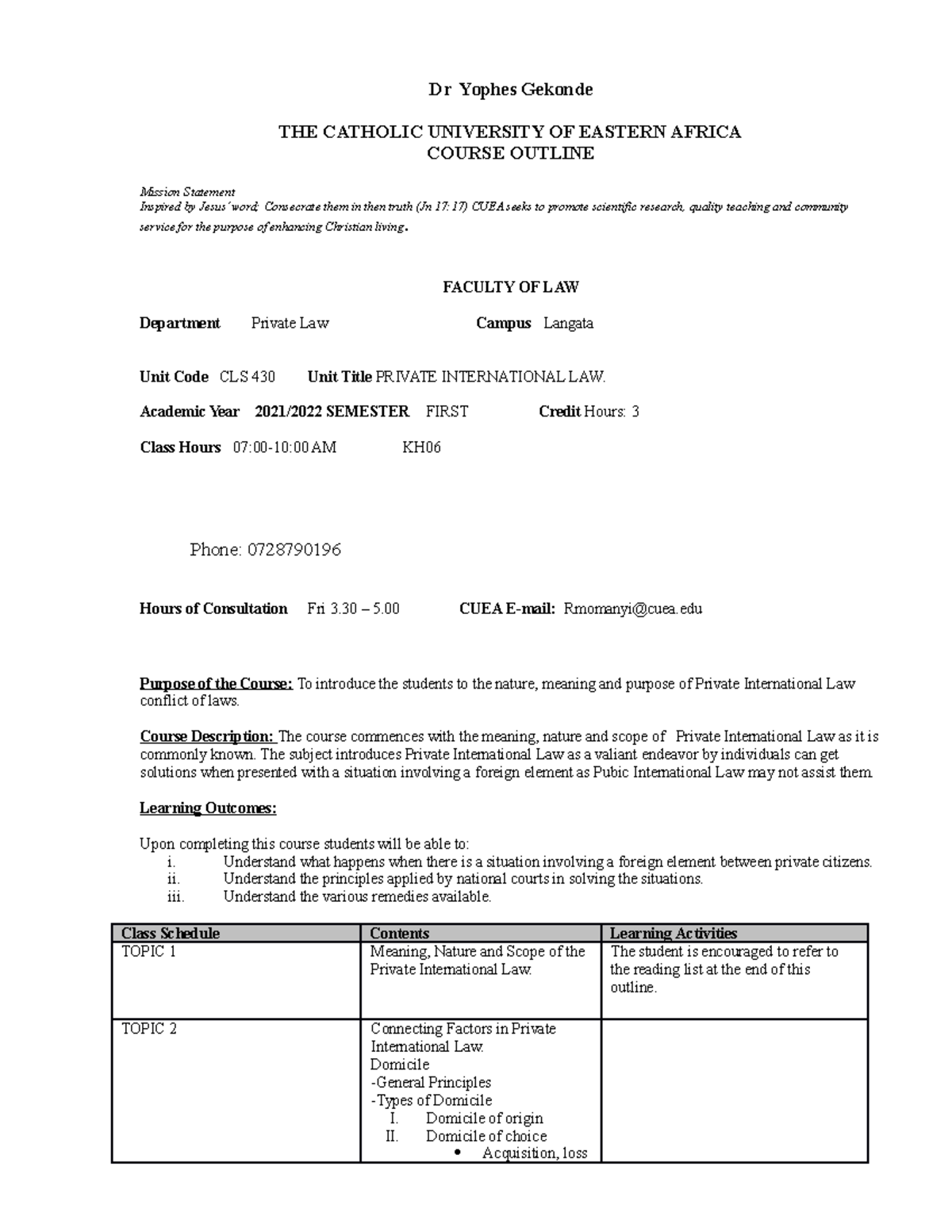 CLS 430 Private International LAW September 2019 - Dr Yophes Gekonde ...