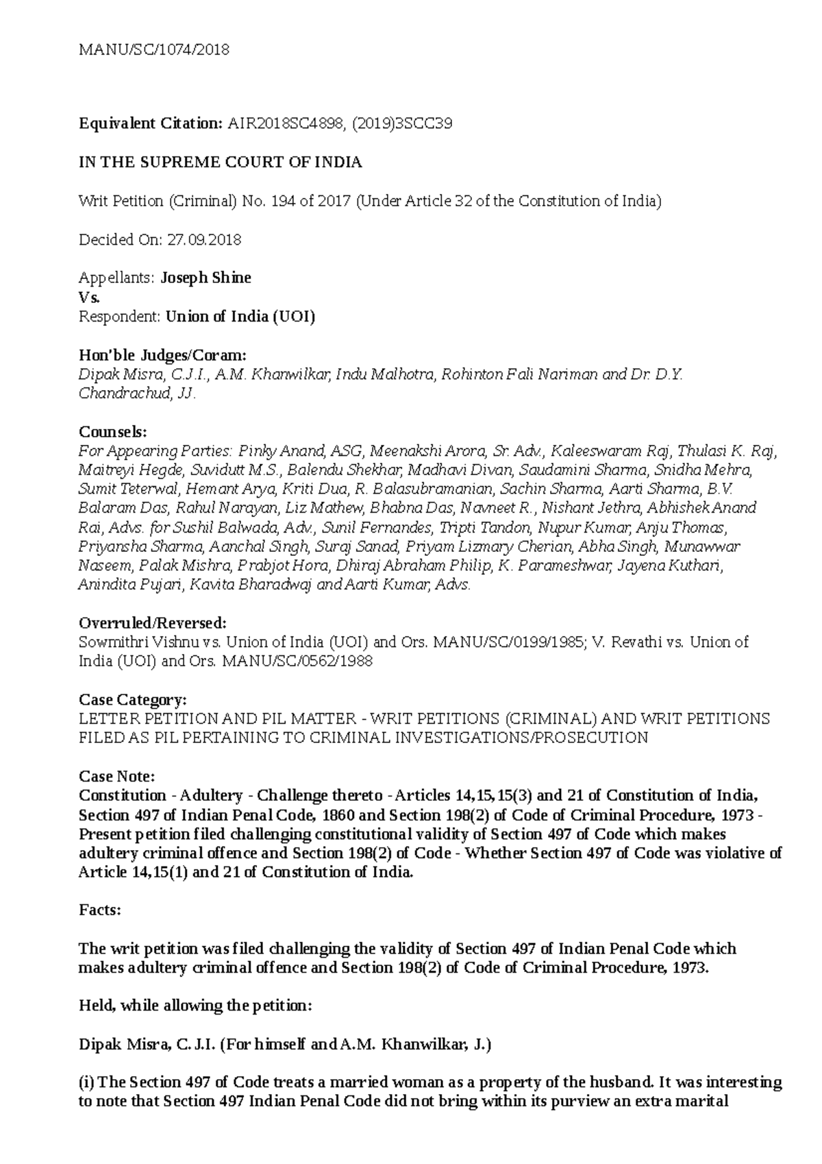 Joseph Shine vs Union of India UOI 27092018 SC - MANU/SC/1074 ...