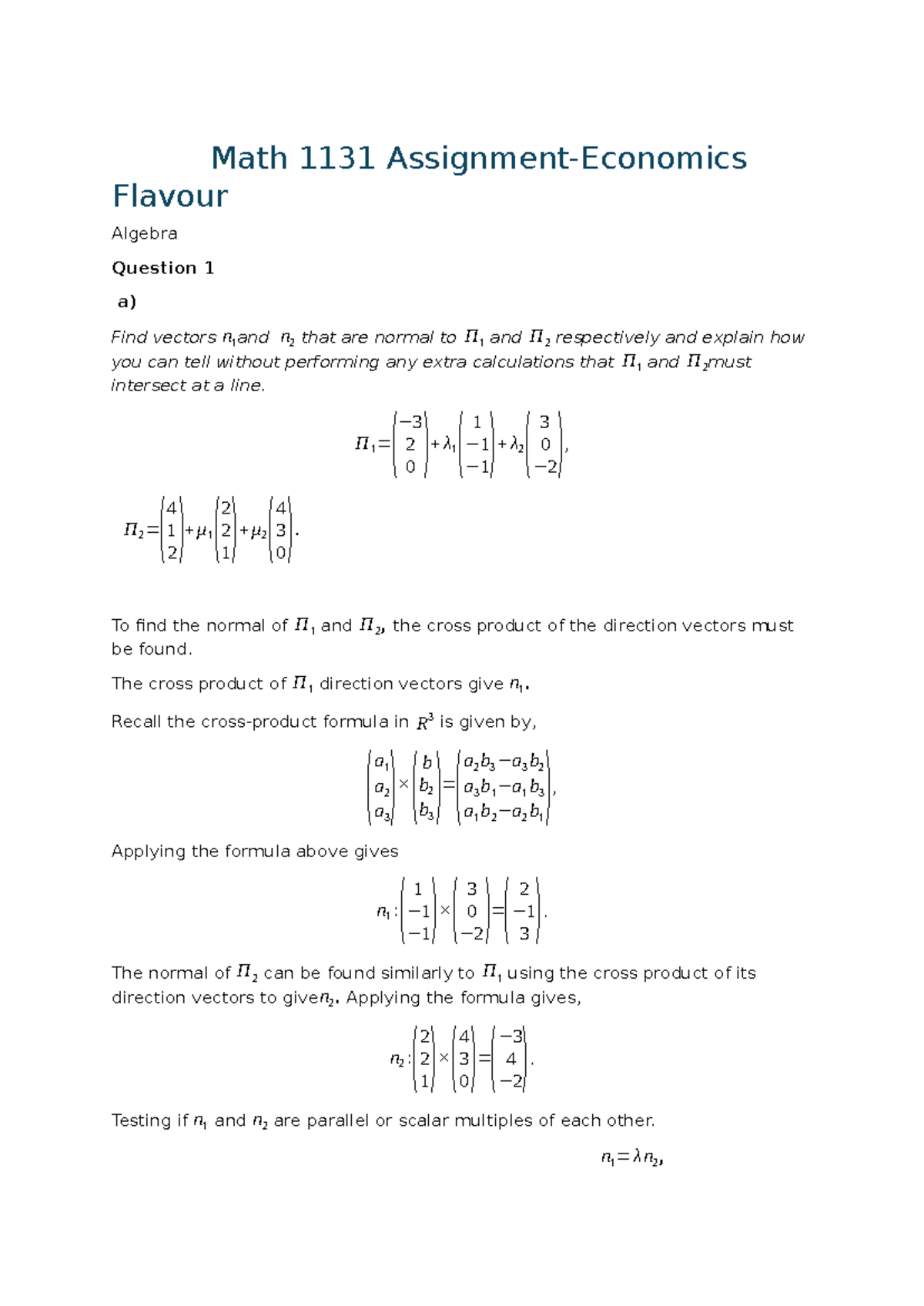 1131 Math Assignment submission - Math 1131 Assignment-Economics Flavour Algebra Question 1 a ...