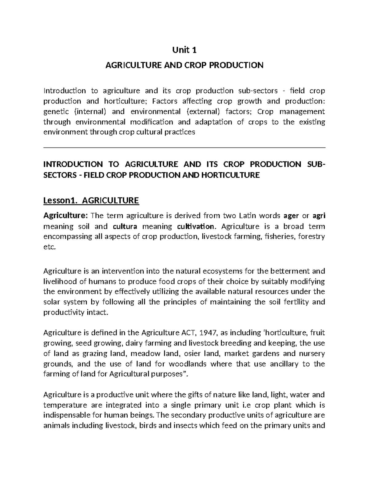 UNIT 1 Agriculture AND CROP Production - Unit 1 AGRICULTURE AND CROP ...