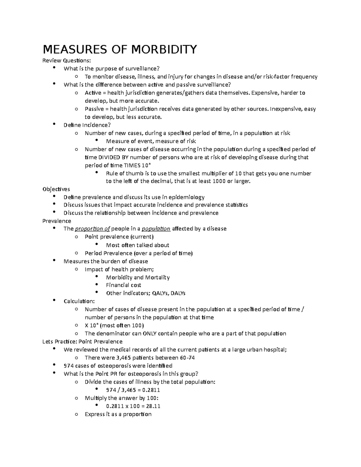 Ch 7 - lecture notes - MEASURES OF MORBIDITY Review Questions: What is ...