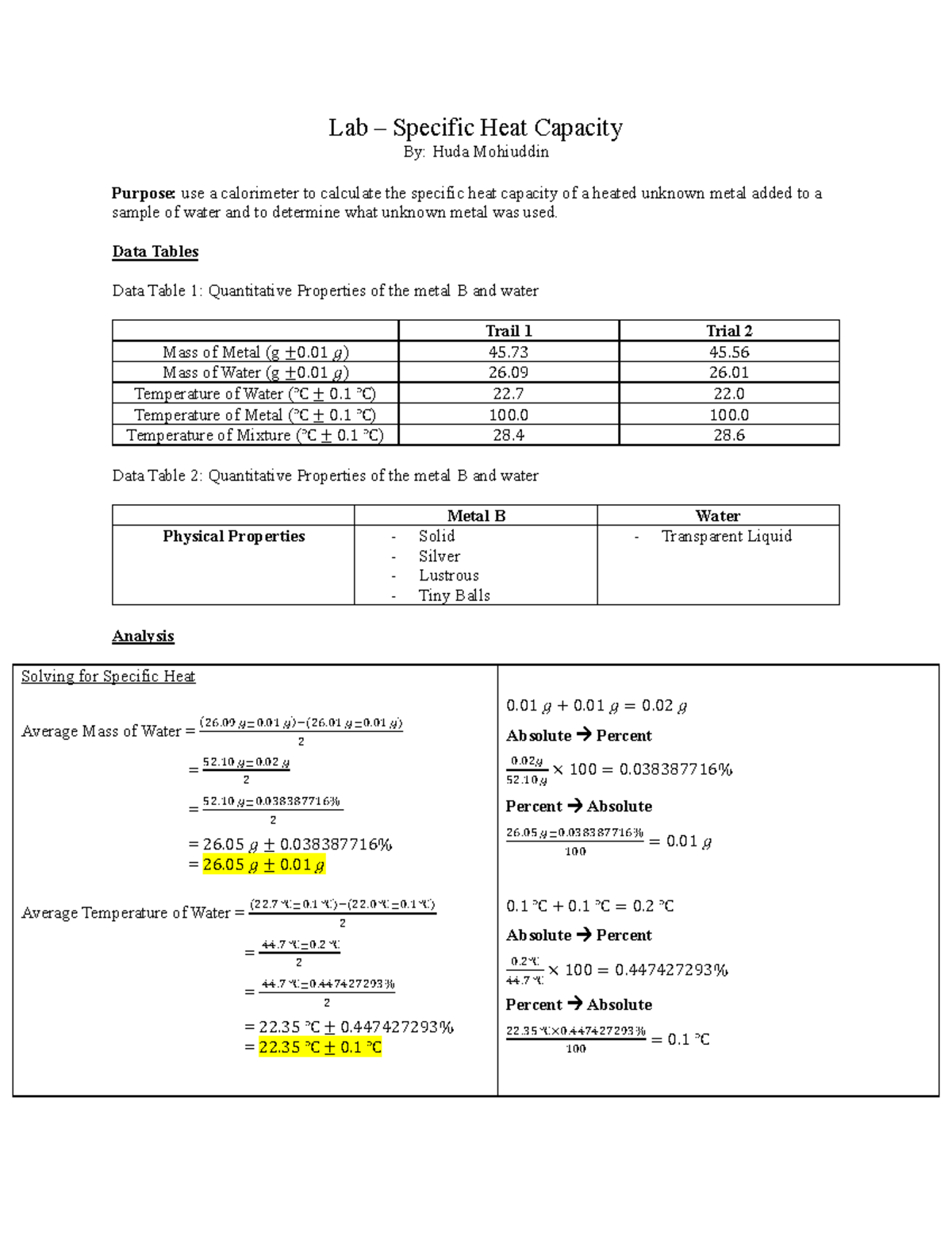 Lab - Specific Heat Capacity - Lab – Specific Heat Capacity By: Huda ...