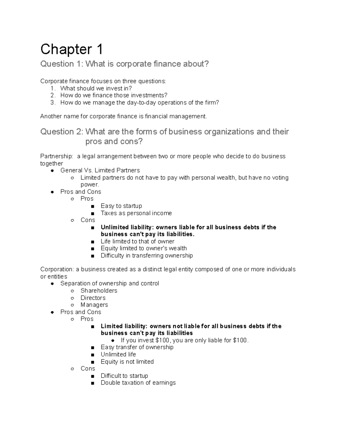 Finance Study Guide - Chapter 1 Question 1: What is corporate finance ...