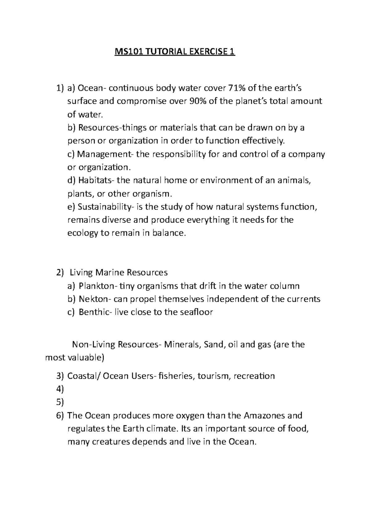 MS101 Tutorial Exercise 1 - MS101 TUTORIAL EXERCISE 1 a) Ocean ...