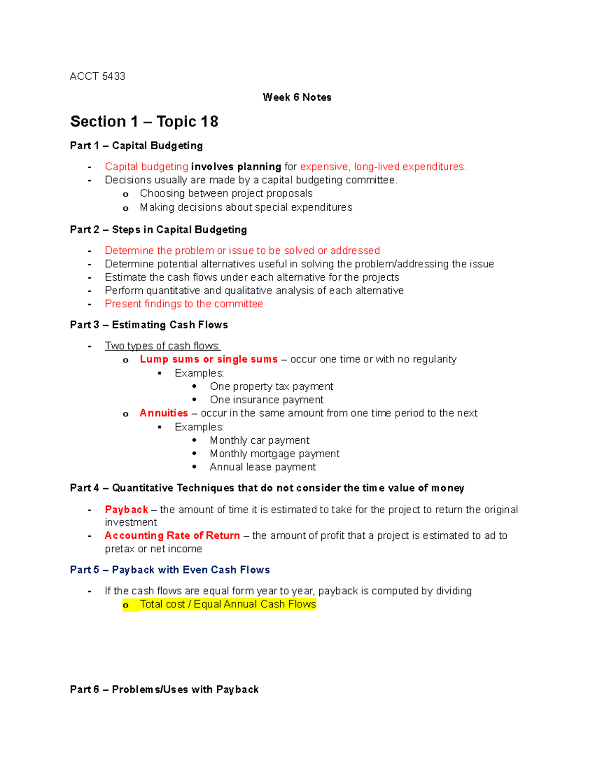 Week 6 Notes - Professor Baker, P - ACCT 5433 Week 6 Notes Section 1 ...