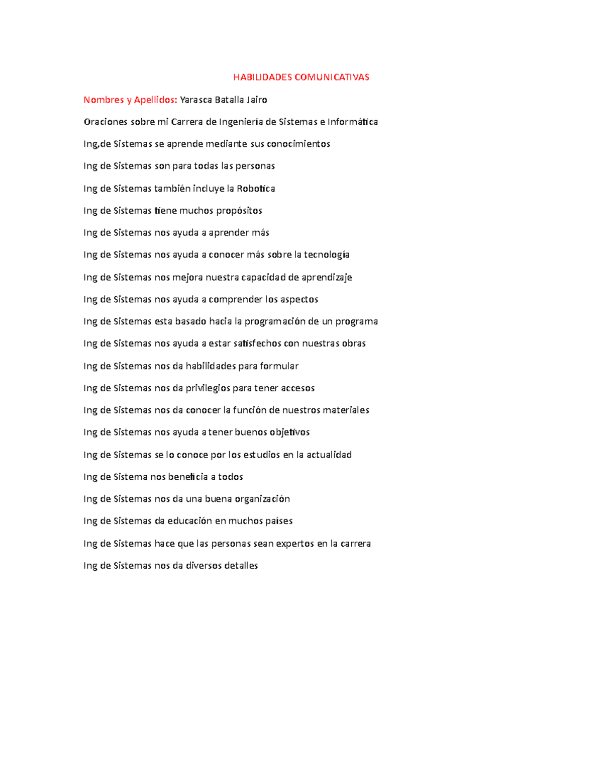 Habilidades Comunicativas - Oraciones - HABILIDADES COMUNICATIVAS Nombres y Apellidos: Yarasca ...