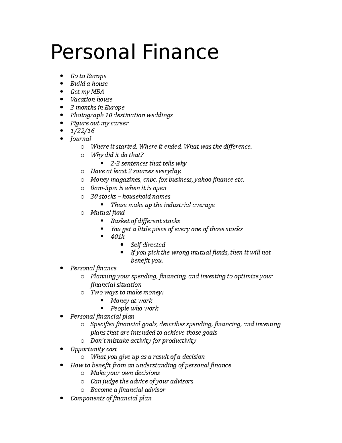 Personal Finance lecture notes - Personal Finance Go to Europe Build a ...