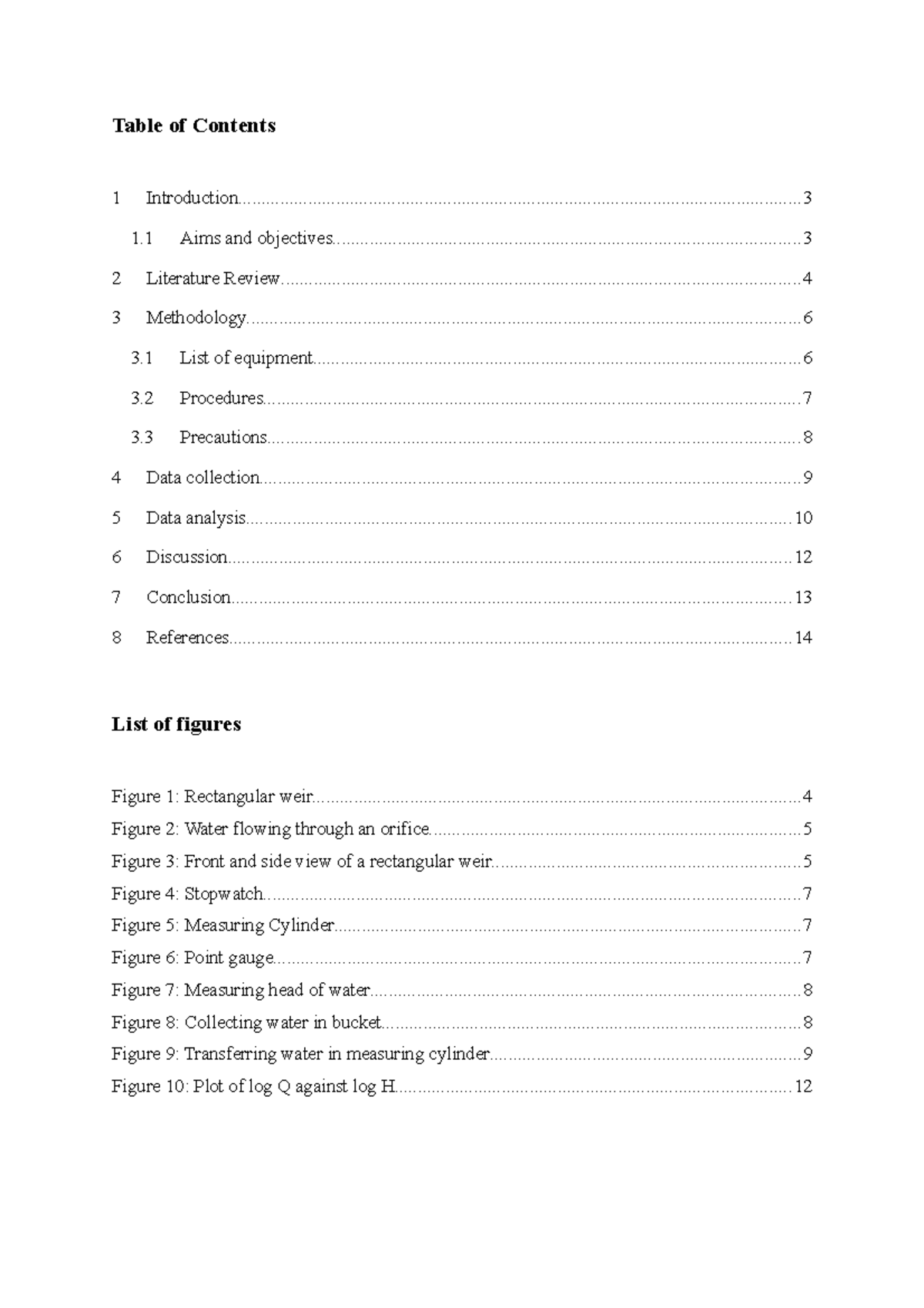 Rectangular Weir - Table of Contents 1 - Studocu