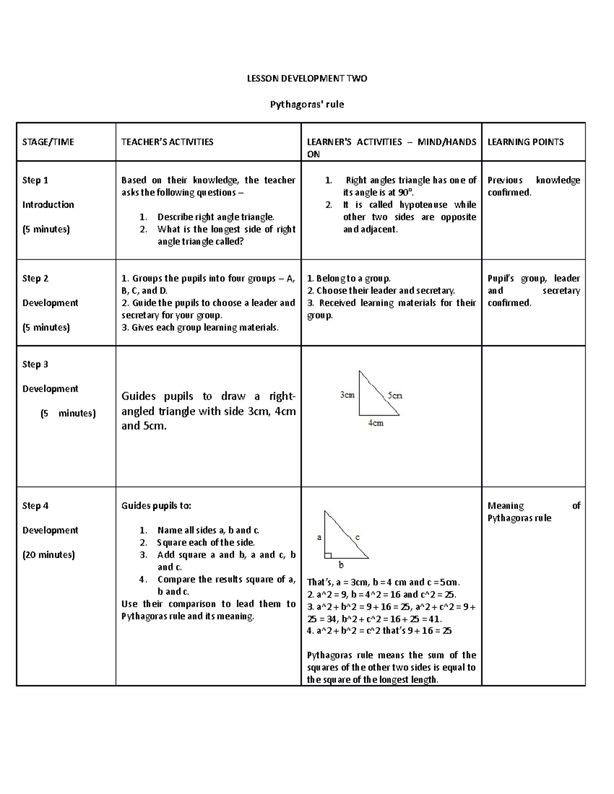 Pythagoras rule 1 1 - LESSON DEVELOPMENT TWO Pythagoras' rule STAGE ...