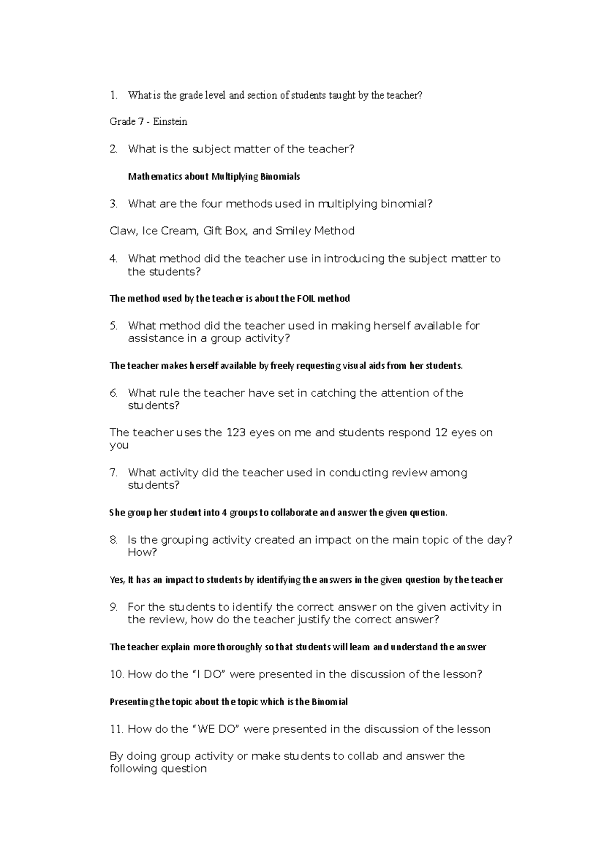 What Is The Grade Level And Section Of Students Ta 1 What Is The