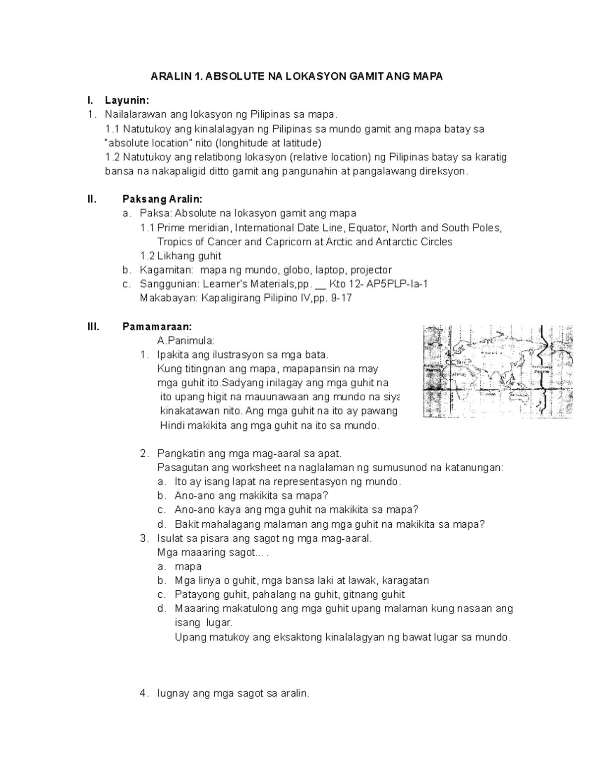 Aralin 1 Absolute na lokasyon gamit ang mapa - ARALIN 1. ABSOLUTE NA ...