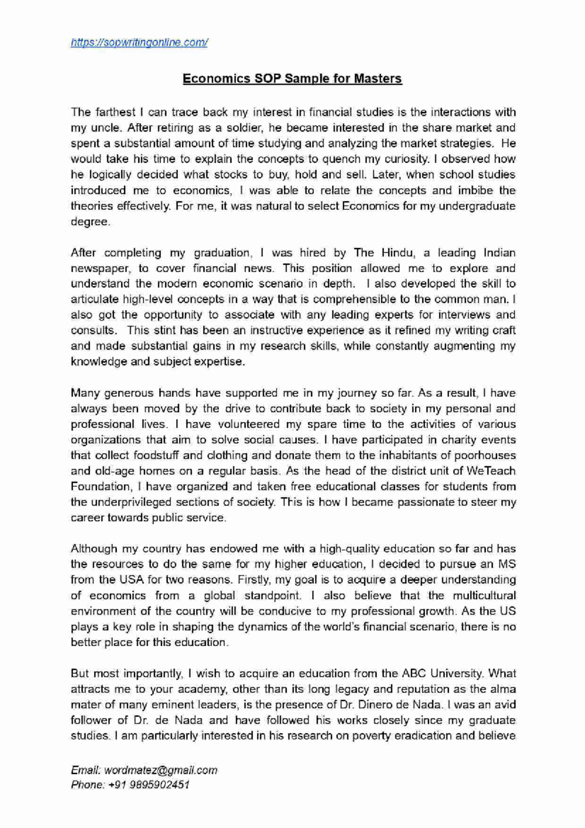 Economics SOP Sample for MS Pdf - - Studocu