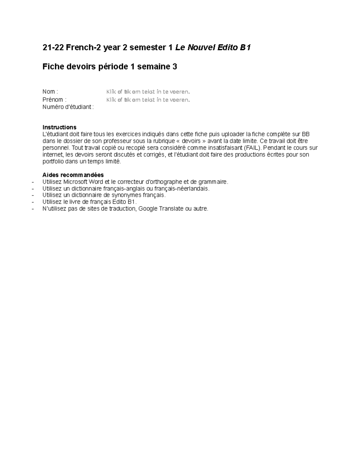 Fiche devoirs - French 2, semaine 3 - 21-22 French-2 year 2 semester 1 ...