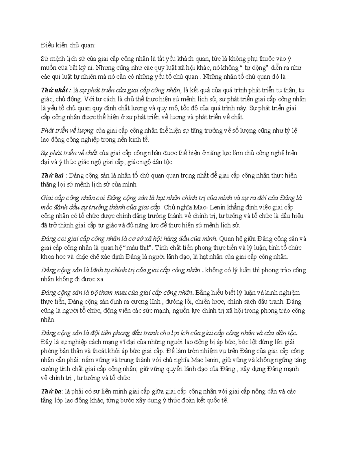 Cnkh xh - không - Điều kiện chủ quan: Sứ mệnh lịch sử của giai cấp công ...