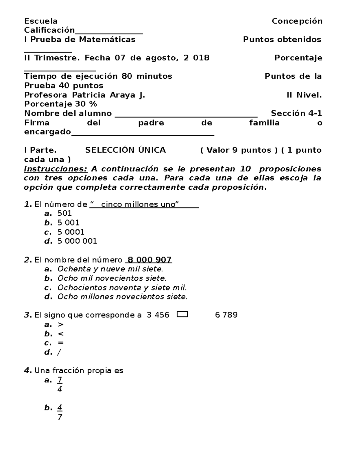 Examat 4 - Practica - Escuela Concepción Calificación_________________ I Prueba de Matemáticas ...