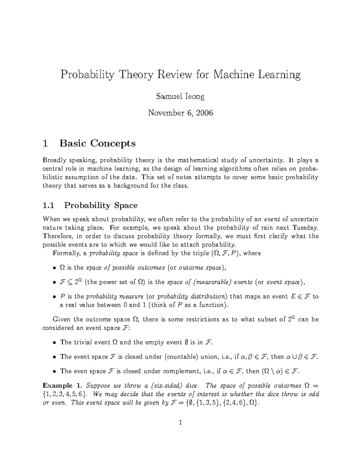 Cs229-prob - hae - Probability Theory Review for Machine Learning Samuel Ieong November 6, 2006 ...