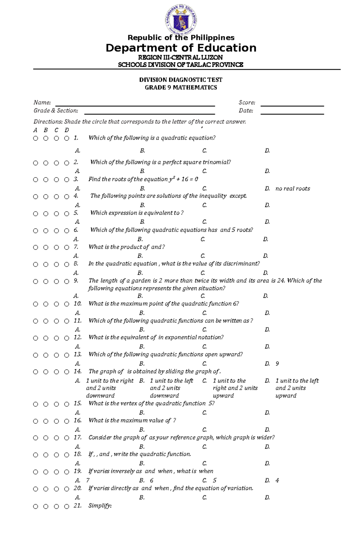 Diagnostic TEST-MATH 9 - Republic of the Philippines Department of ...