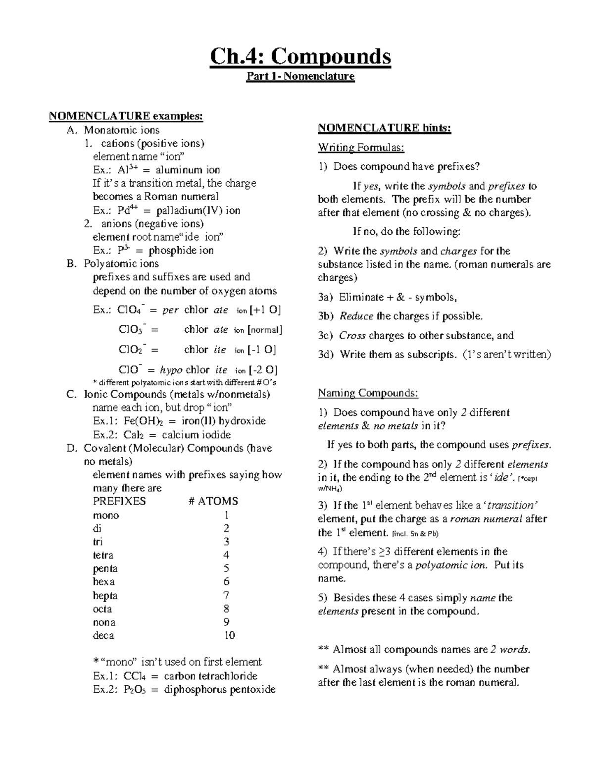 Ch4 notes pt1 - Ch: Compounds Part 1 - Nomenclature NOMENCLATURE ...